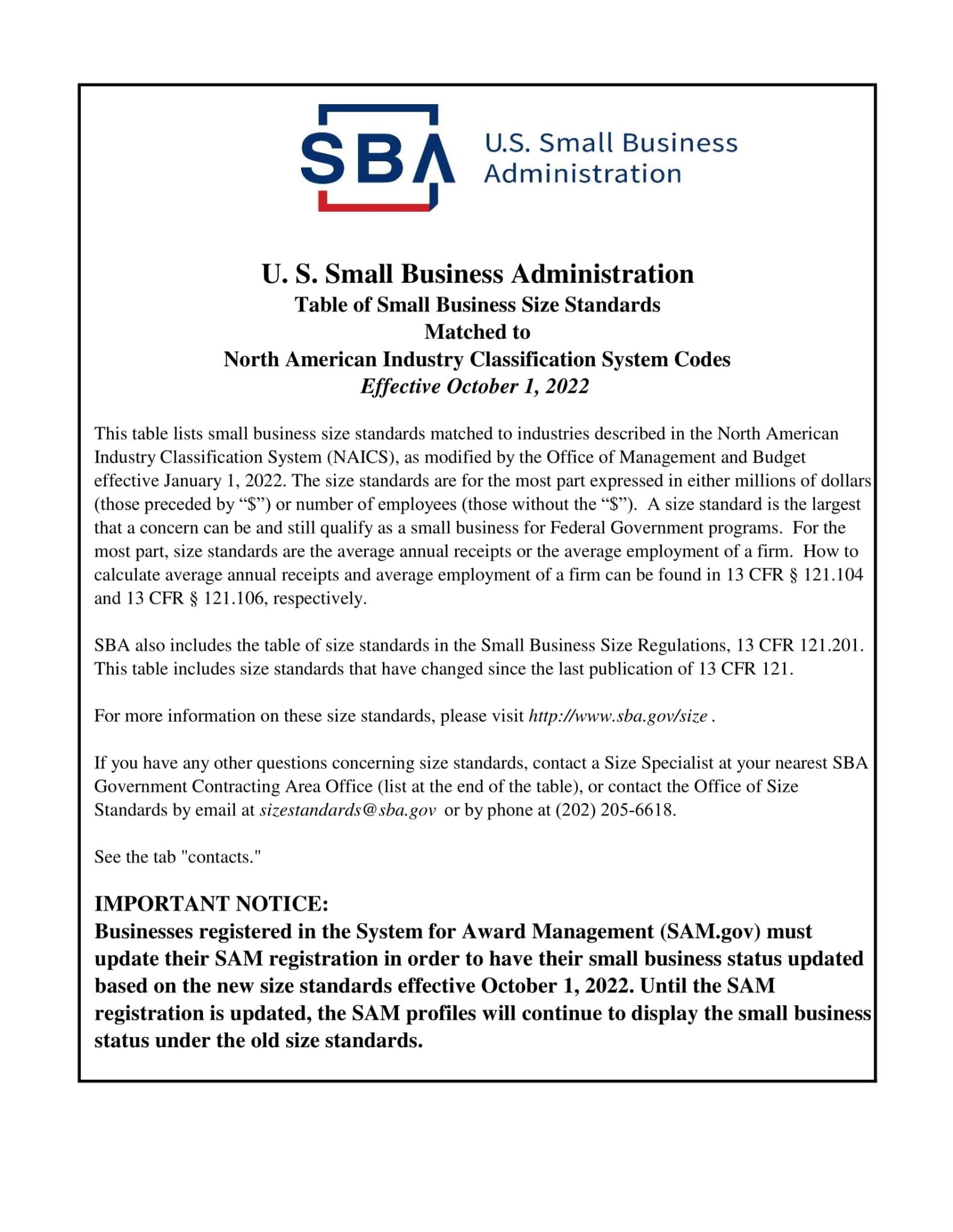 SBA Size Standards | NAICS Association